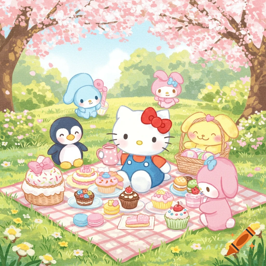 Hello Kitty and Sanrio friends enjoy a picnic with desserts under ...