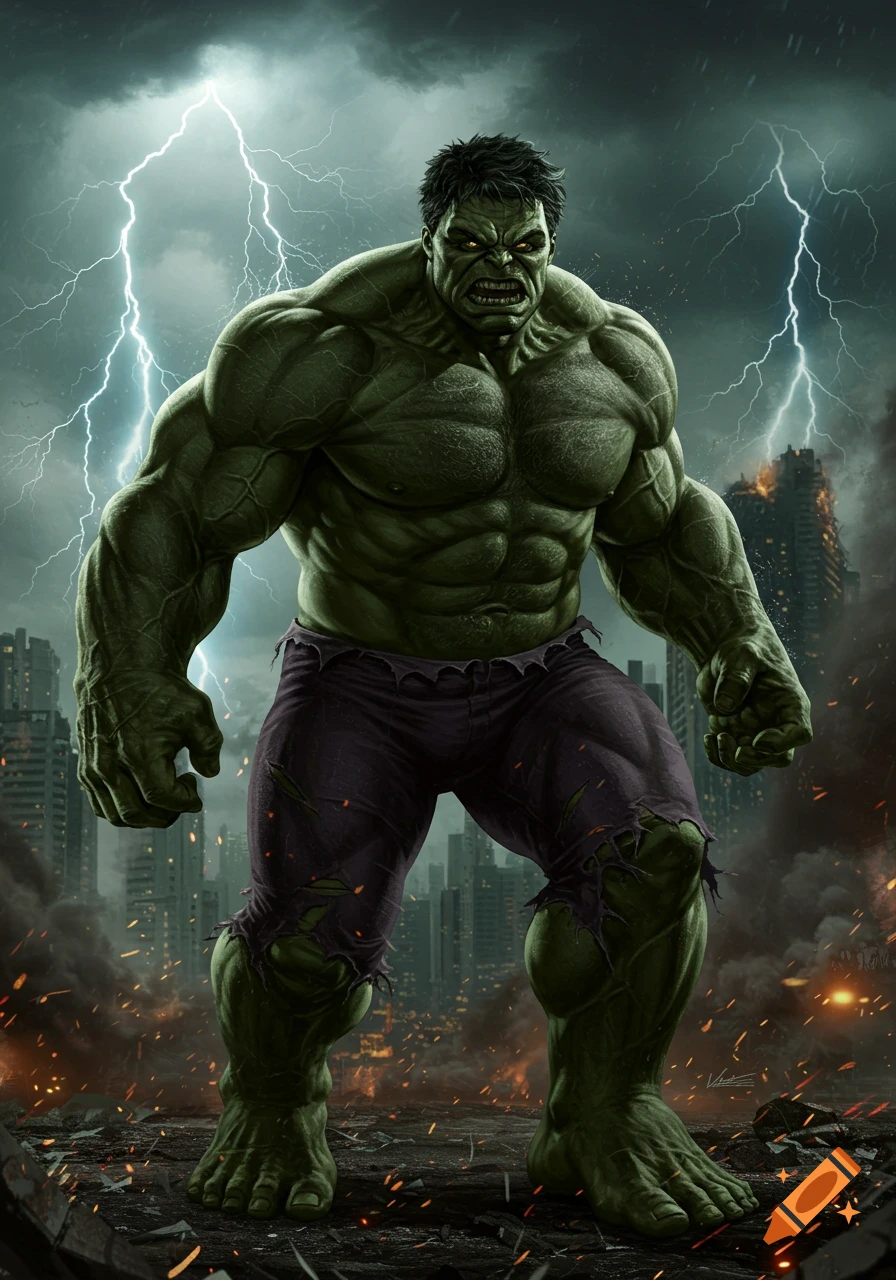 A large, muscular green Hulk stands fiercely in a destroyed city under ...