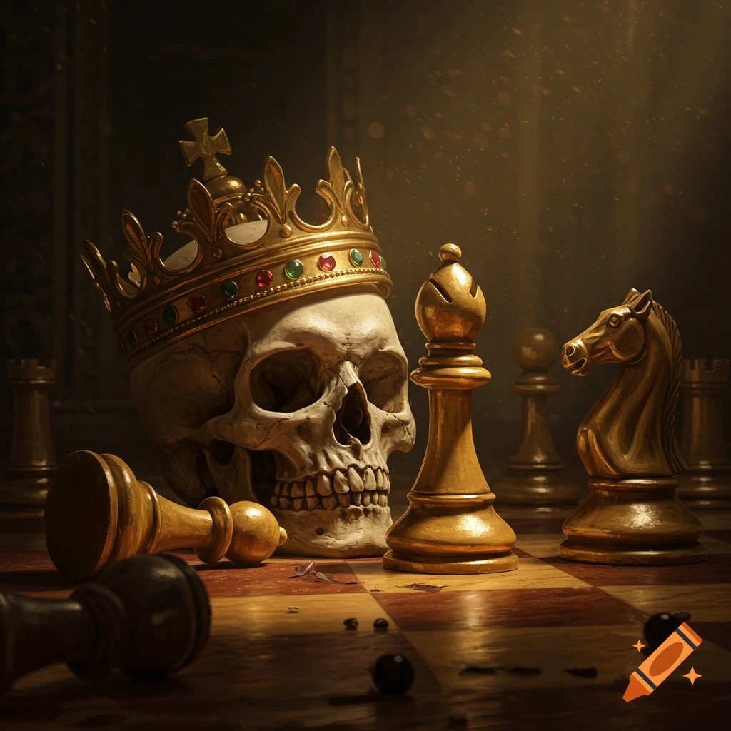 An angel and a demon play chess under a tree in a garden, with Rodin's ...