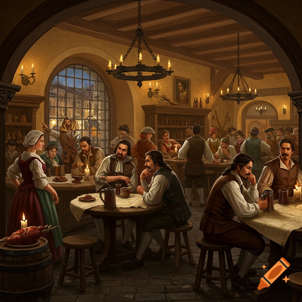 A detailed digital painting of a bustling historical tavern, with ...