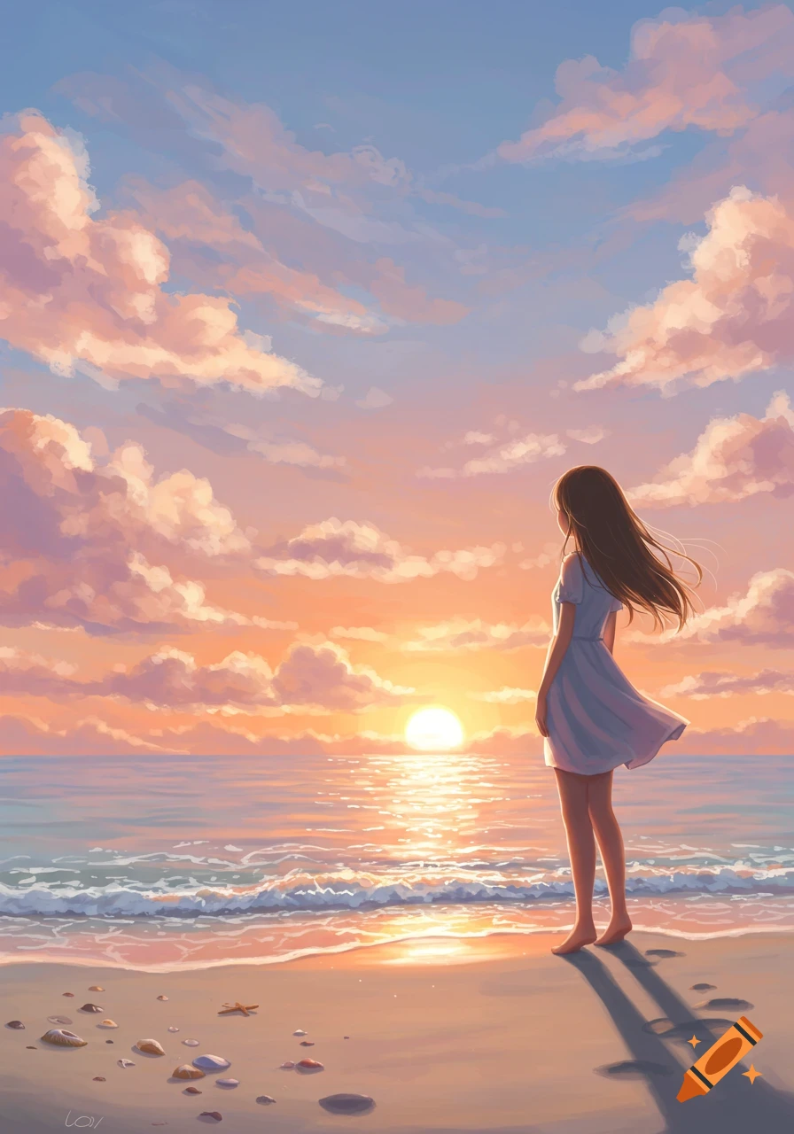 A boy stands on a beach, gazing at a vibrant sunset over the ocean ...