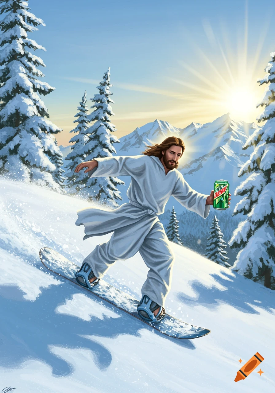 Jesus Christ snowboarding down a snowy mountain, holding a can of ...