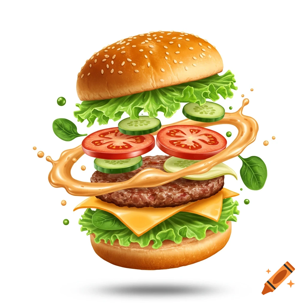 Deconstructed burger with bun, lettuce, tomato, cucumber, patty, cheese ...