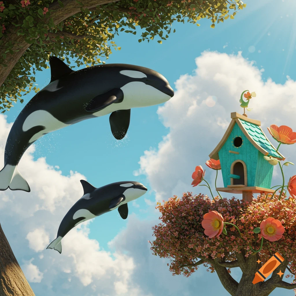 Two whimsical orcas fly through a bright blue sky with clouds, near a ...