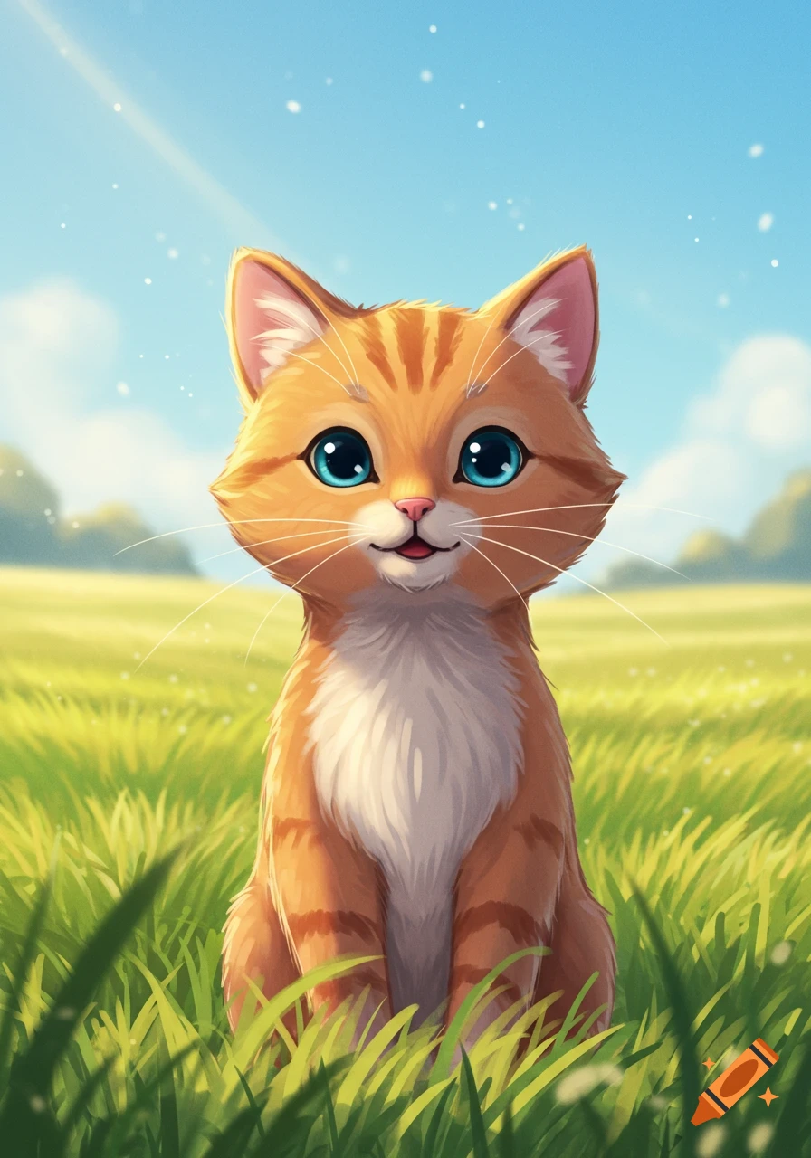 A cute orange cartoon cat with blue eyes sits in a sunny field of ...