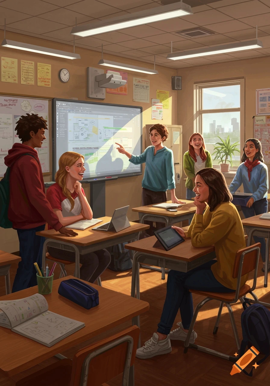 Diverse high school students and a teacher happily learning in a bright ...