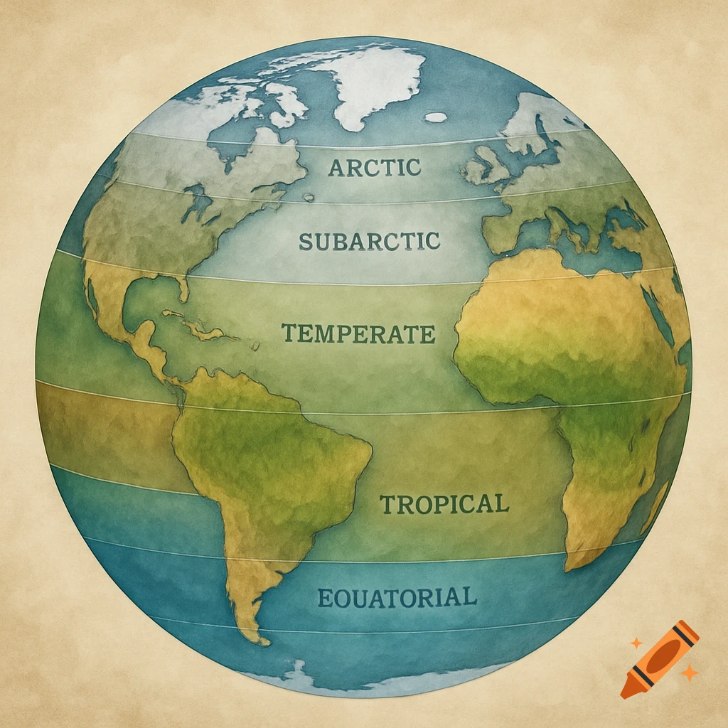 A watercolor illustration of the Earth globe displaying climate zones ...