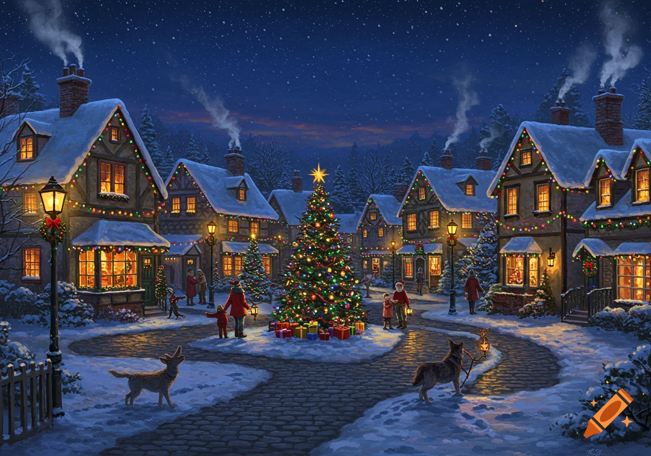 Two festive motorcycles, adorned with Christmas lights, race on a snowy ...