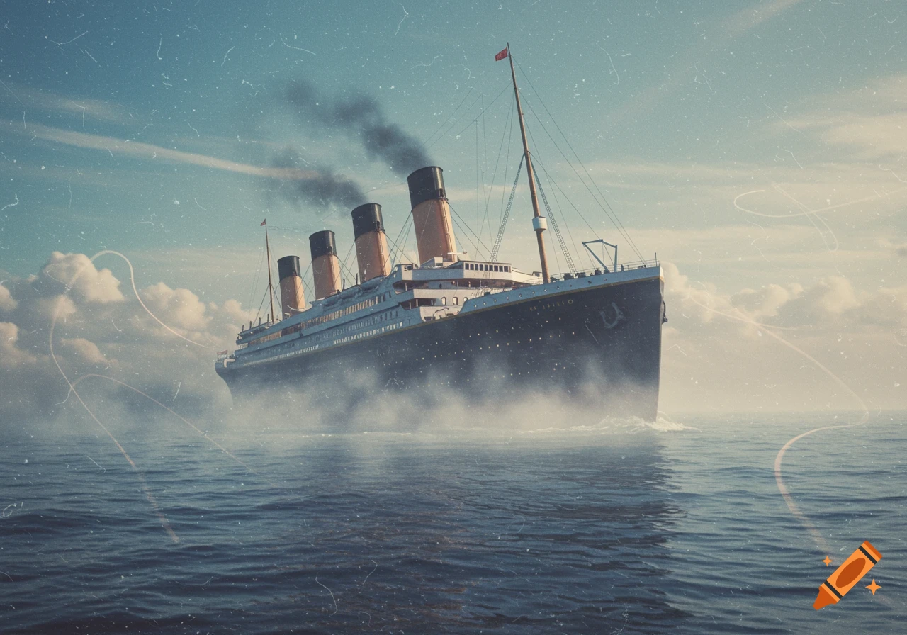 A vintage-style photo shows the large ocean liner Titanic with four ...