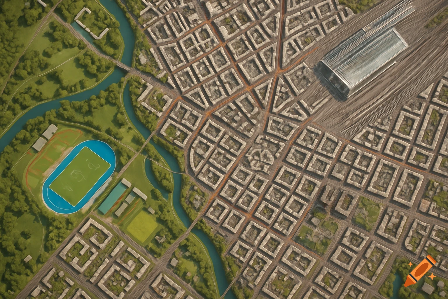 An aerial view of a stylized, fictional city map featuring a winding ...