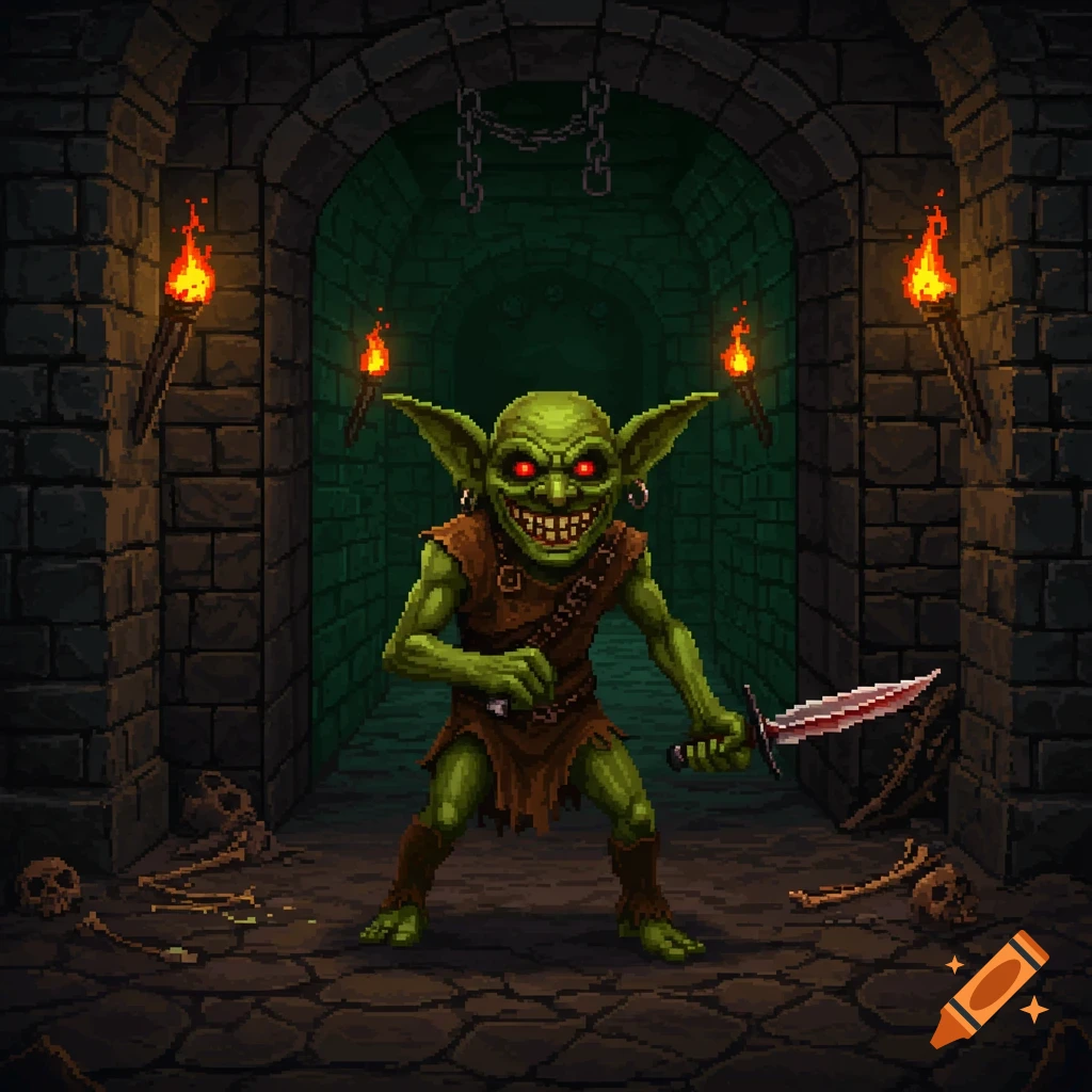 A menacing pixel art goblin with red eyes and a dagger stands in a dark ...