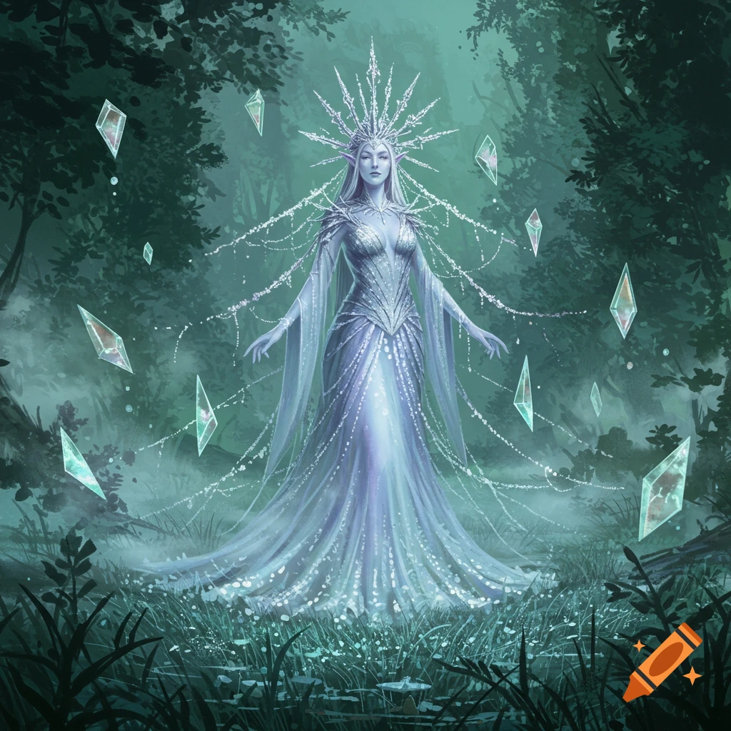 An ethereal fey queen with a frost crown stands in a misty twilight ...