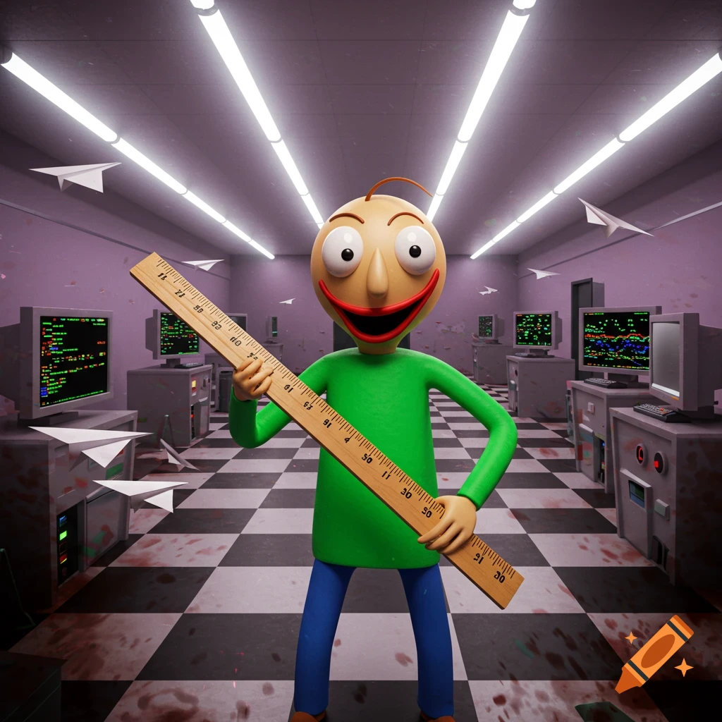 A 3D cartoon Baldi holds a ruler in a creepy classroom with computers ...