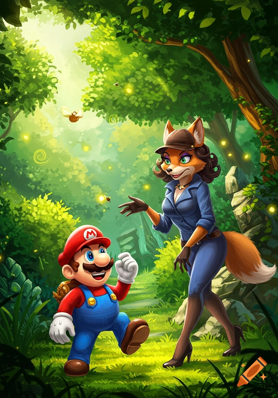 Cartoon illustration of Mario meeting Carmelita Fox in a vibrant green ...