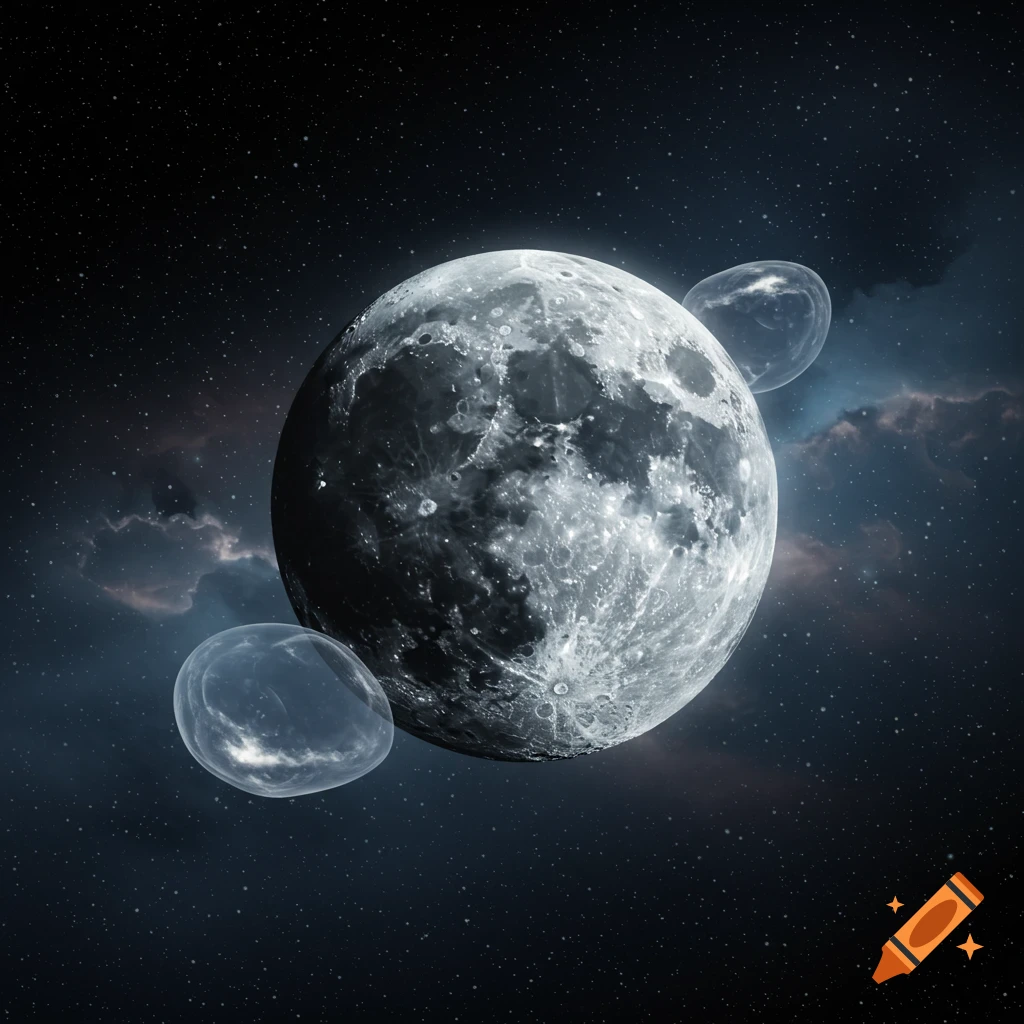 A large, detailed moon with craters and two glowing transparent spheres ...