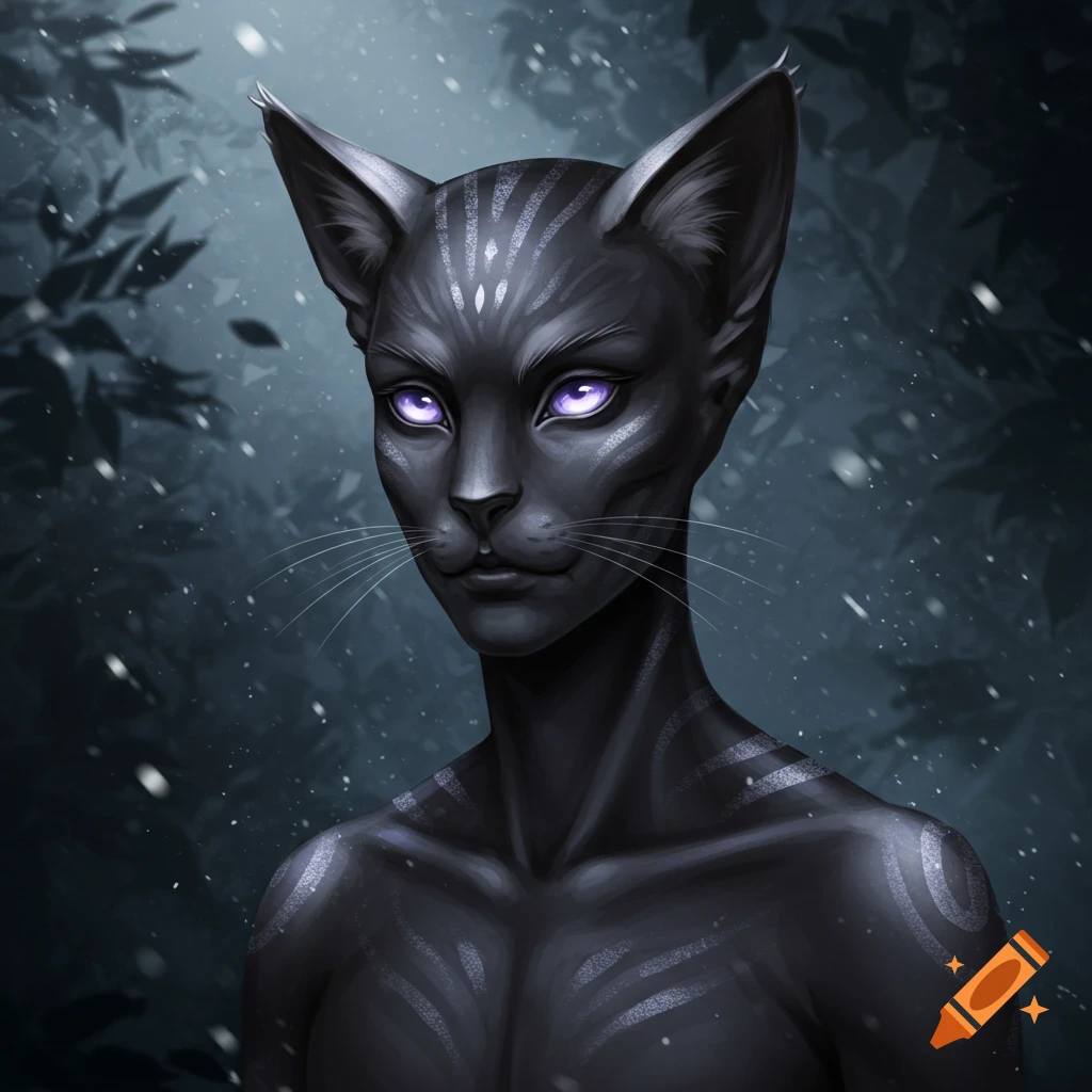 Digital art of a dark-skinned humanoid cat creature with lilac glowing ...