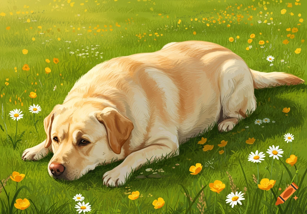 A yellow labrador dog lies relaxed in a sunny green field with yellow ...