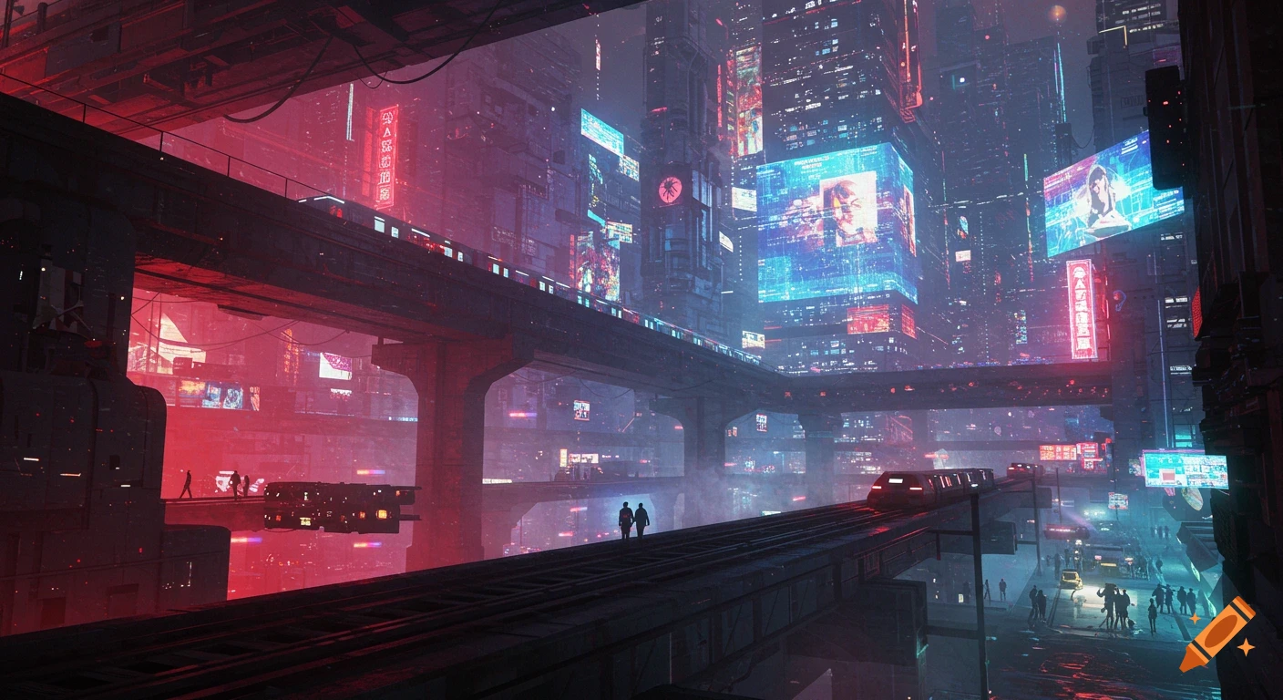 An isometric 3D render of a cozy cyberpunk cafe interior with red ...