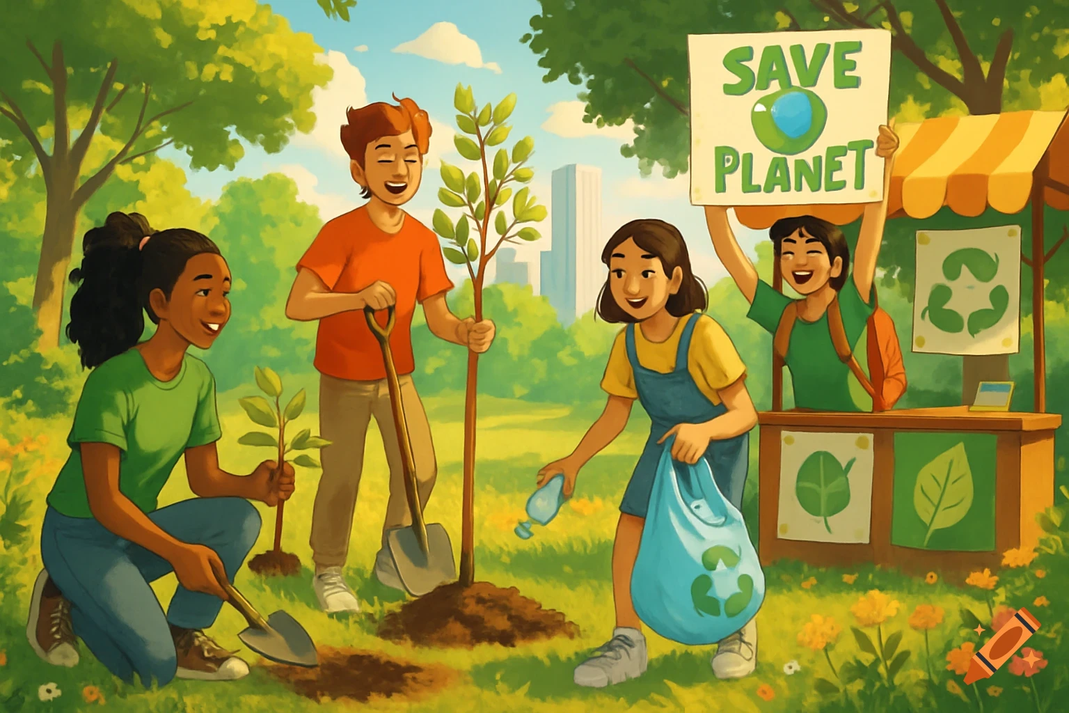 Diverse young people plant trees, collect trash, and hold a 'SAVE ...