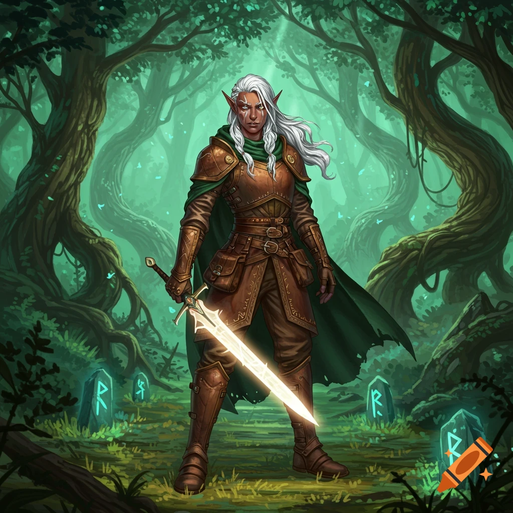 A white-haired elf warrior in brown and green armor holds a glowing ...