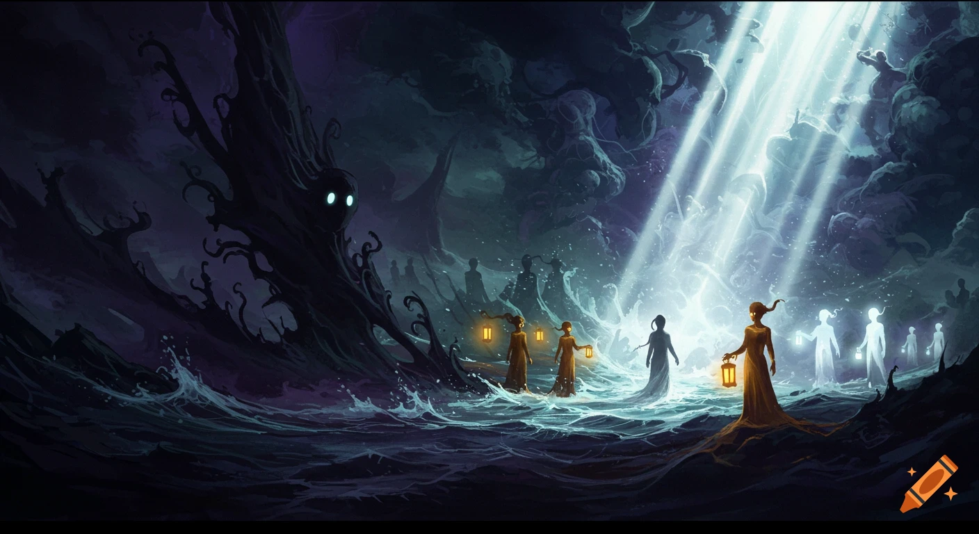A dark fantasy digital painting shows figures with lanterns walking ...