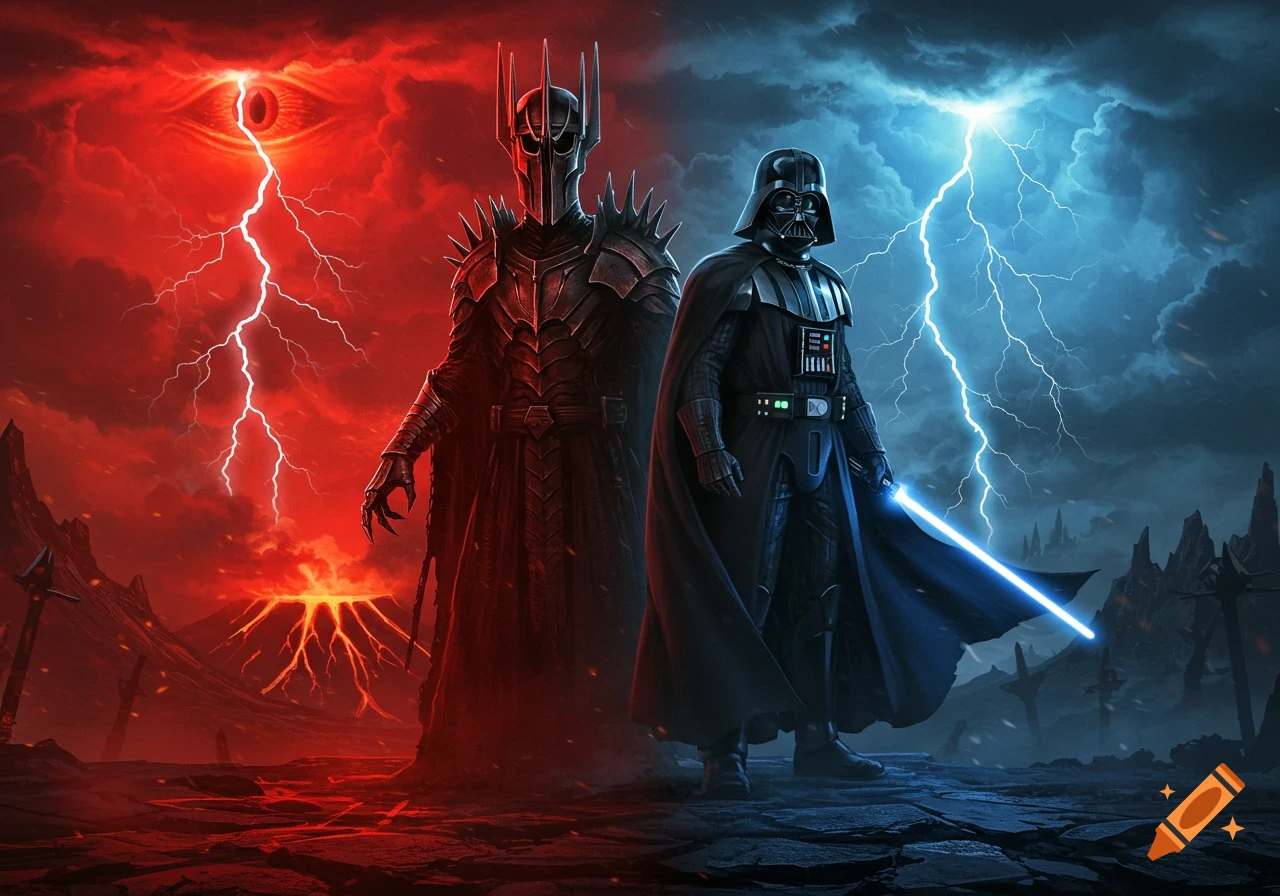 A red-skinned, horned character resembling Darth Maul stands amidst ...