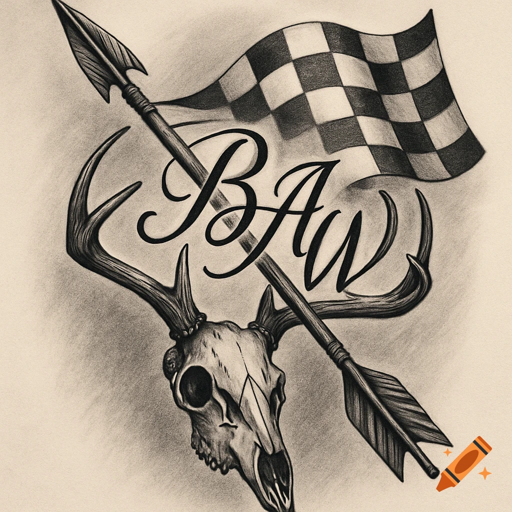 Pencil sketch of a deer skull with antlers, a hunting arrow, a ...