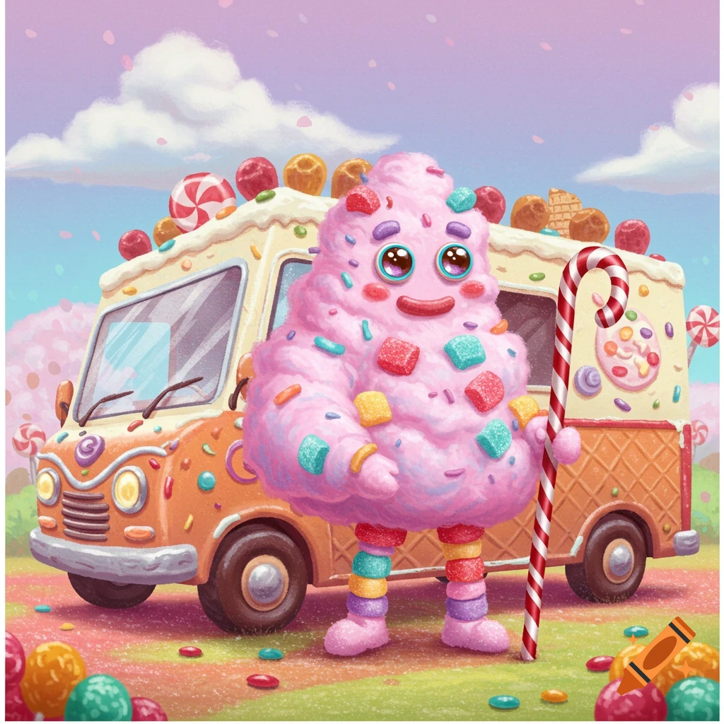 A cute pink candy monster with chocolate button eyes holds a candy cane ...