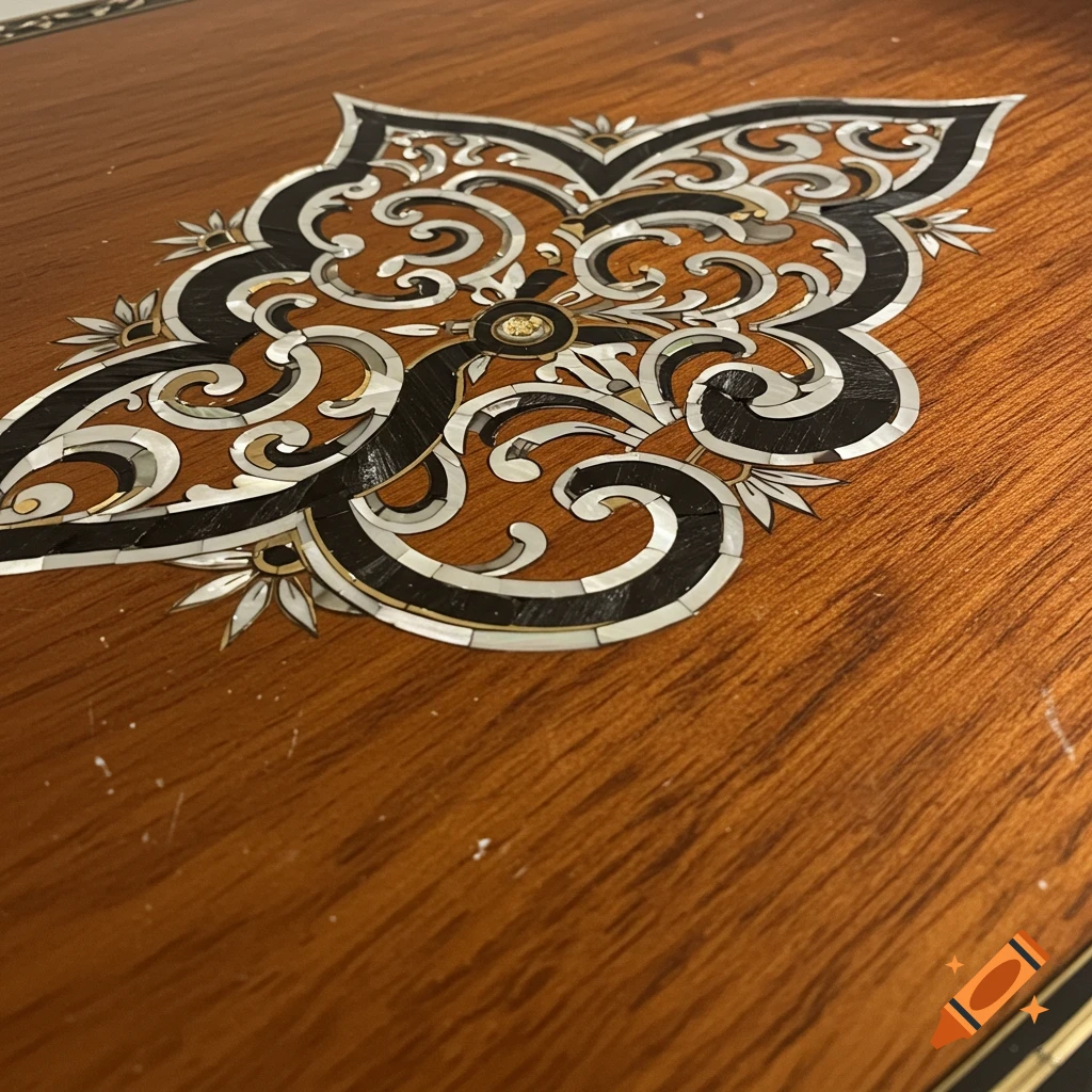 An ornate inlay art design made of black, white, and gold shell on a ...