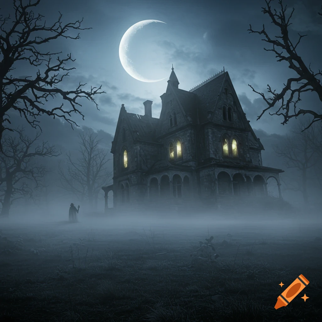 An ominous gothic mansion with glowing windows under a large crescent ...