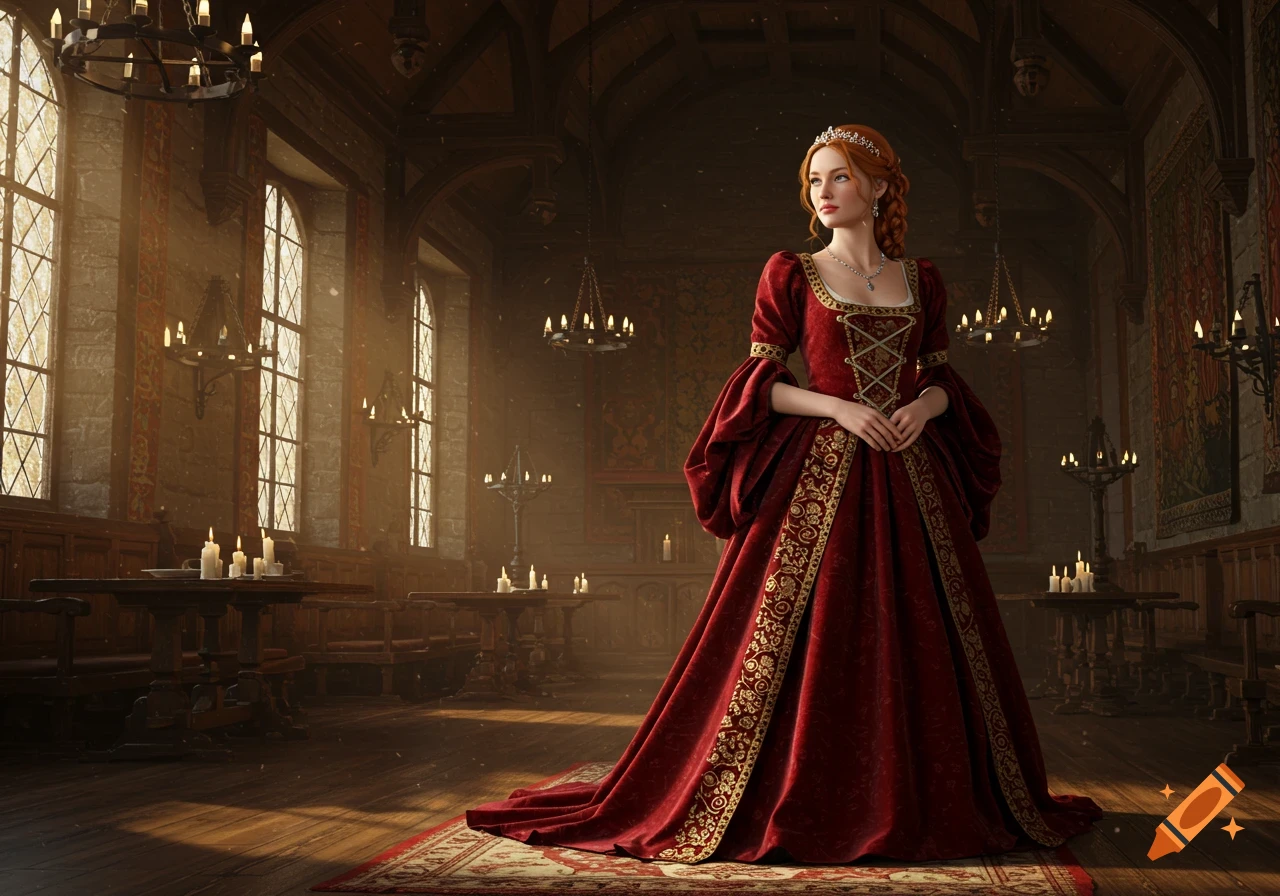 A man in a black cape and a woman in a red and white dress stand in a ...