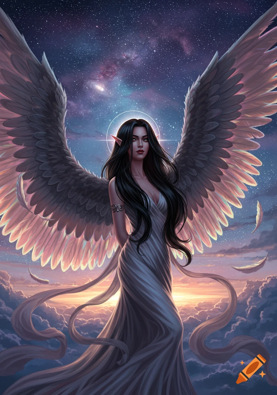 A dark-haired, winged goddess with pointed ears and a halo, wearing a ...