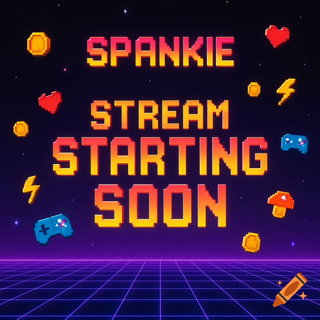 A retro pixel art "SPANKIE STREAM STARTING SOON" overlay with glowing ...