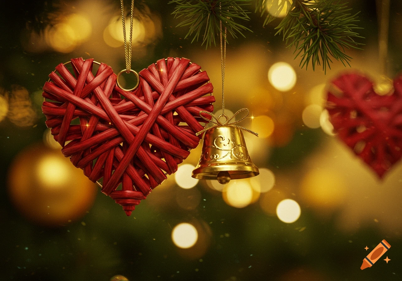 Four Christmas ball ornaments, red, gold, green, and silver, hang on a ...