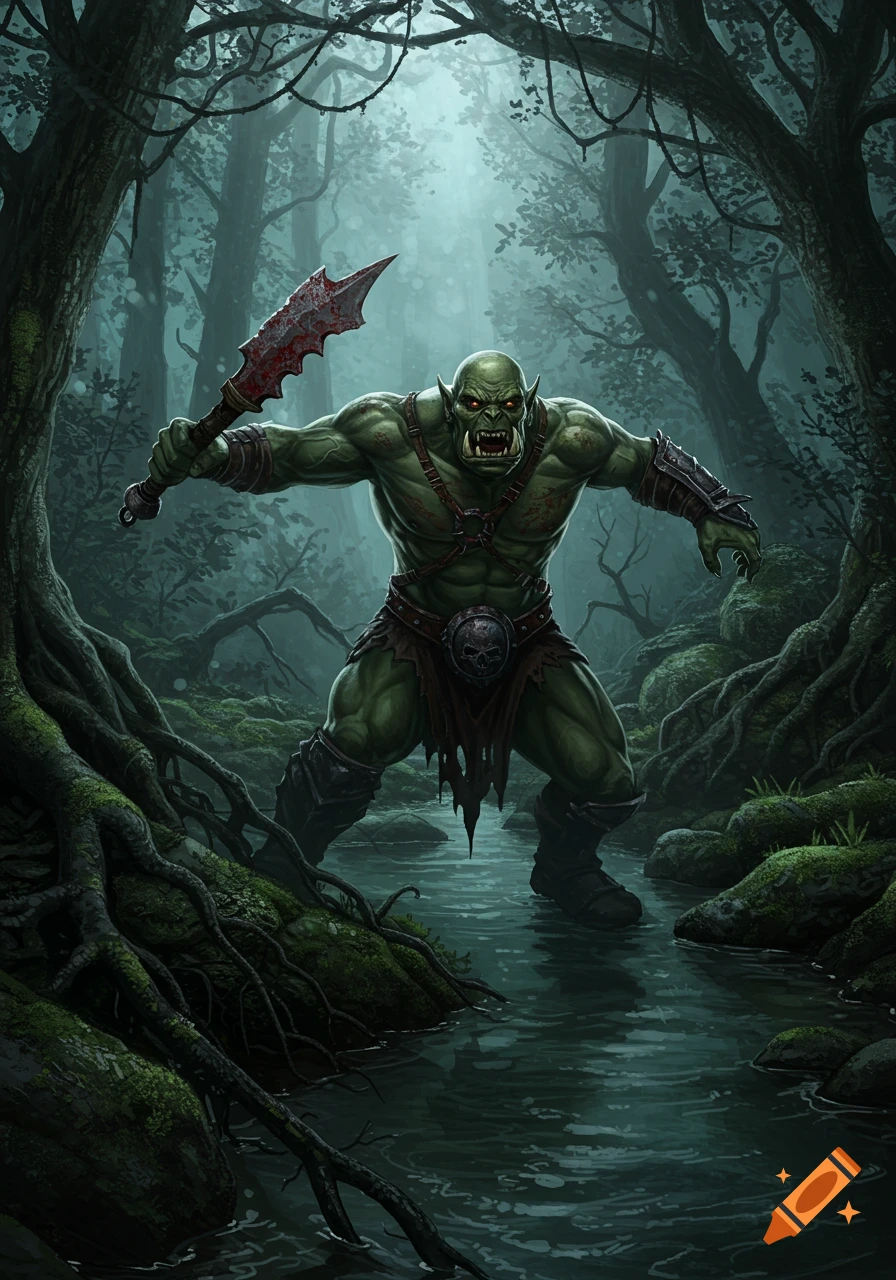 A muscular green orc-like creature with tusks and pointy ears stands in ...