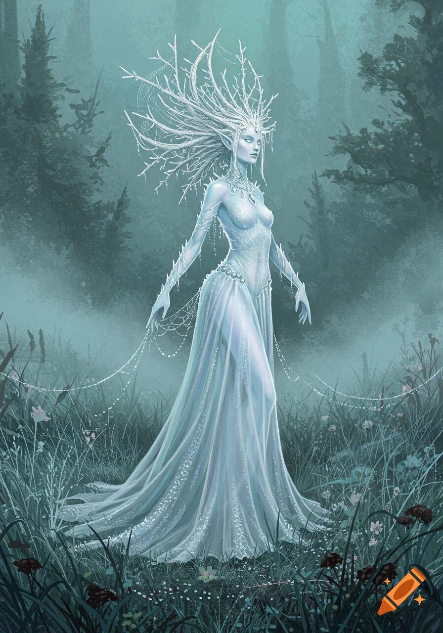 Ethereal fey queen with frost halo and translucent gown in a misty ...