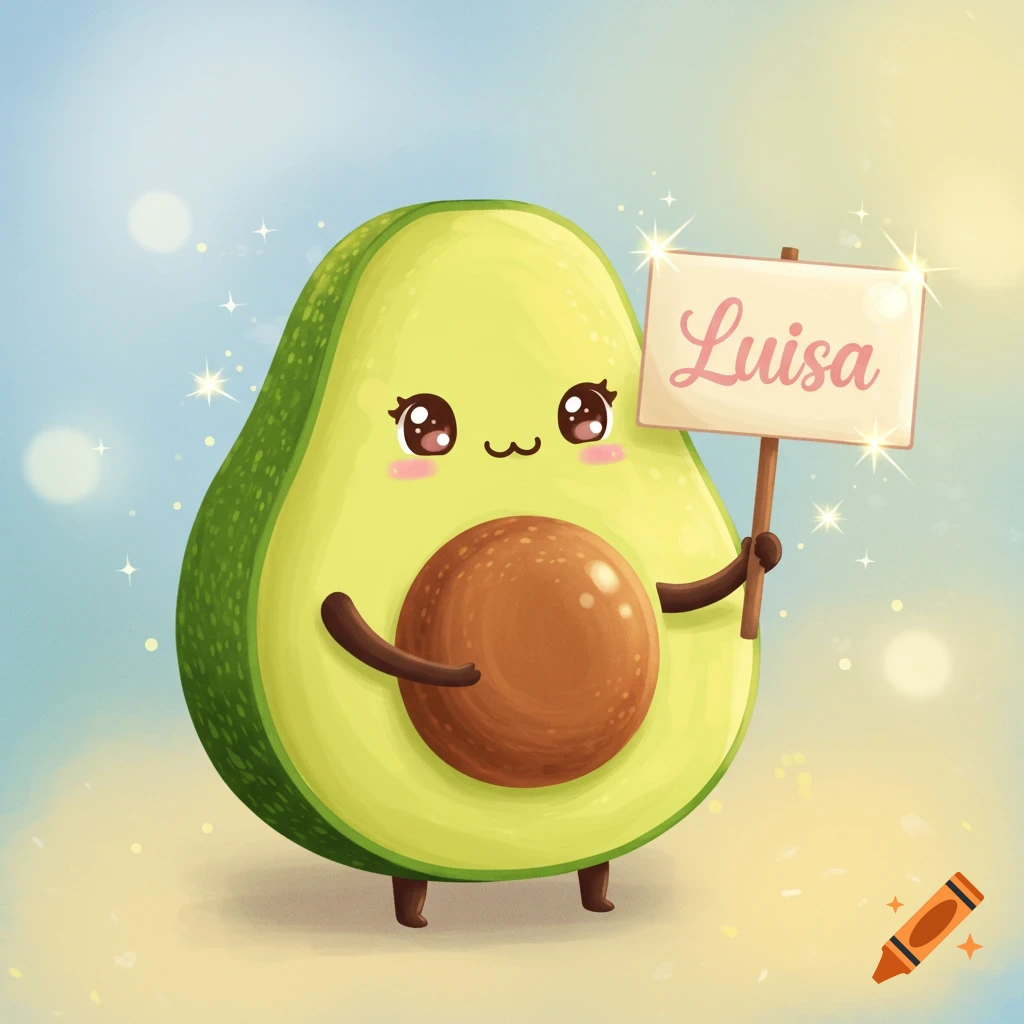 A cute, sparkling kawaii cartoon avocado character with big eyes ...
