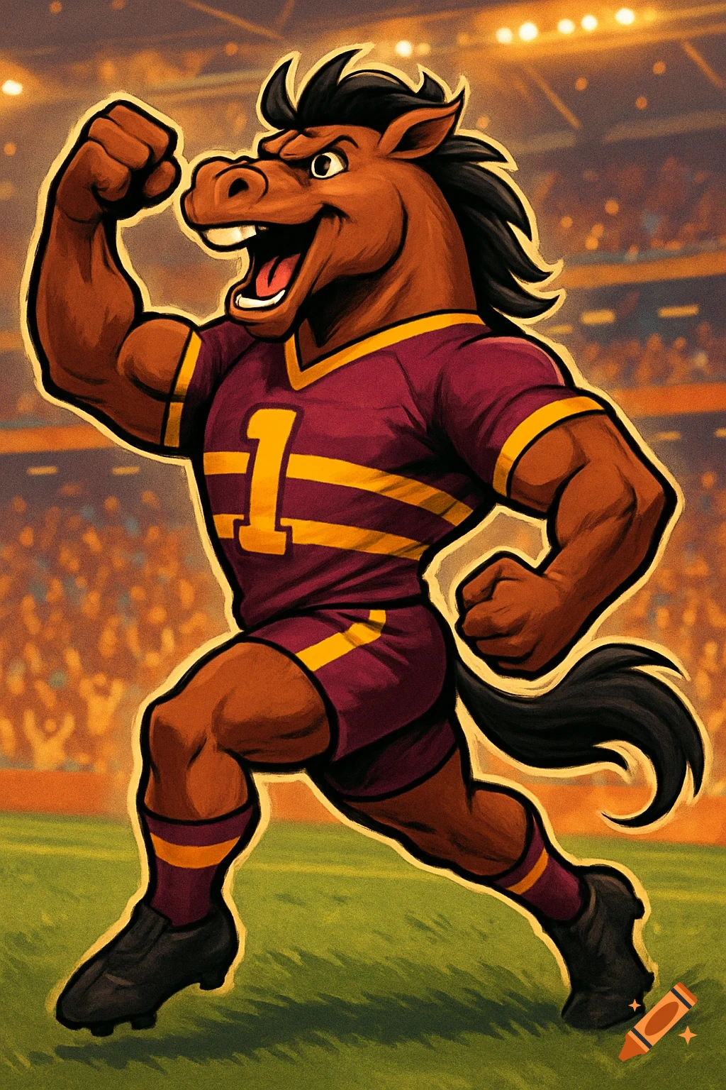 Vibrant cartoon illustration of a muscular horse mascot in a maroon and ...