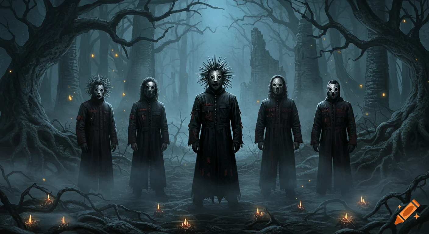 Five cloaked figures stand in a dark, foggy alley under a streetlamp ...