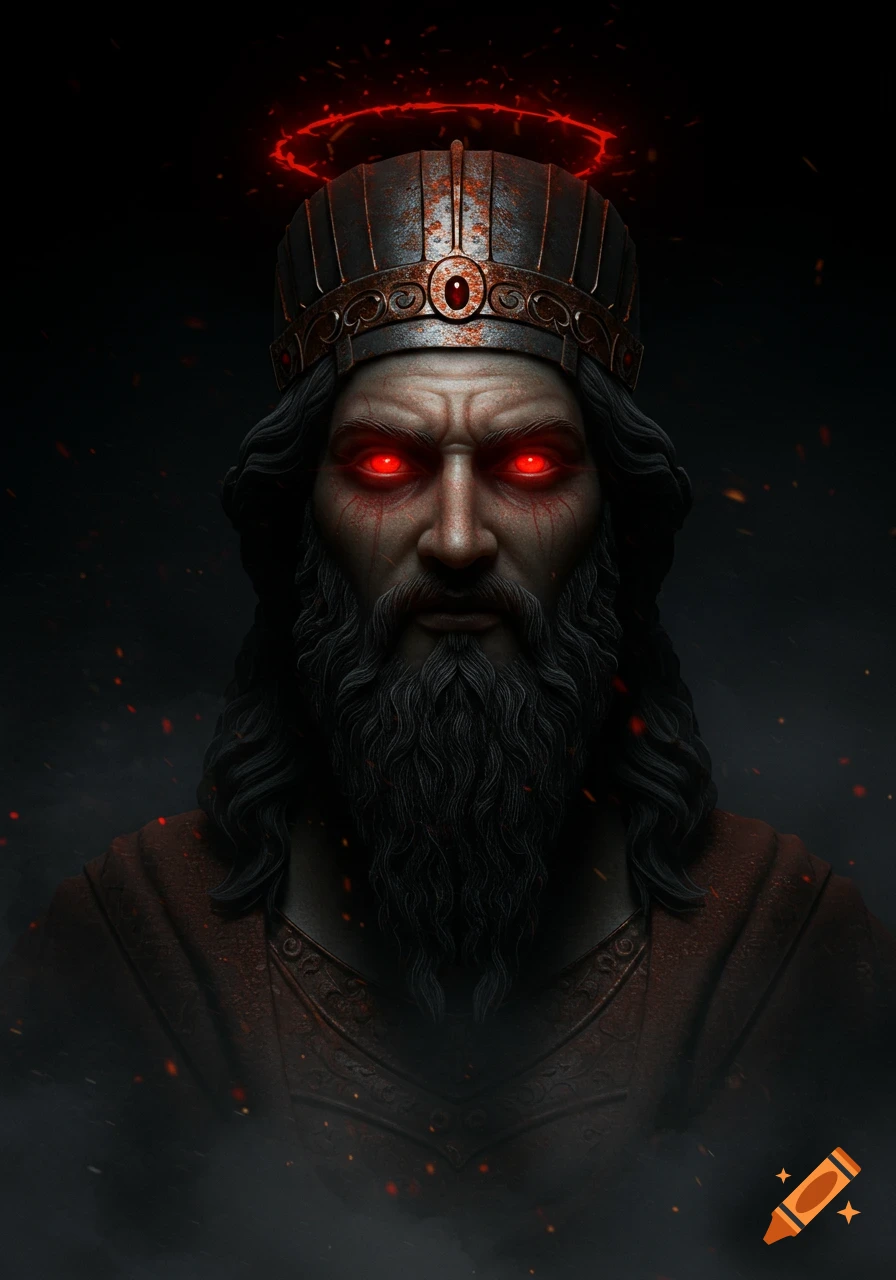 Dark, dramatic portrait of an ancient king with a long beard, metallic ...