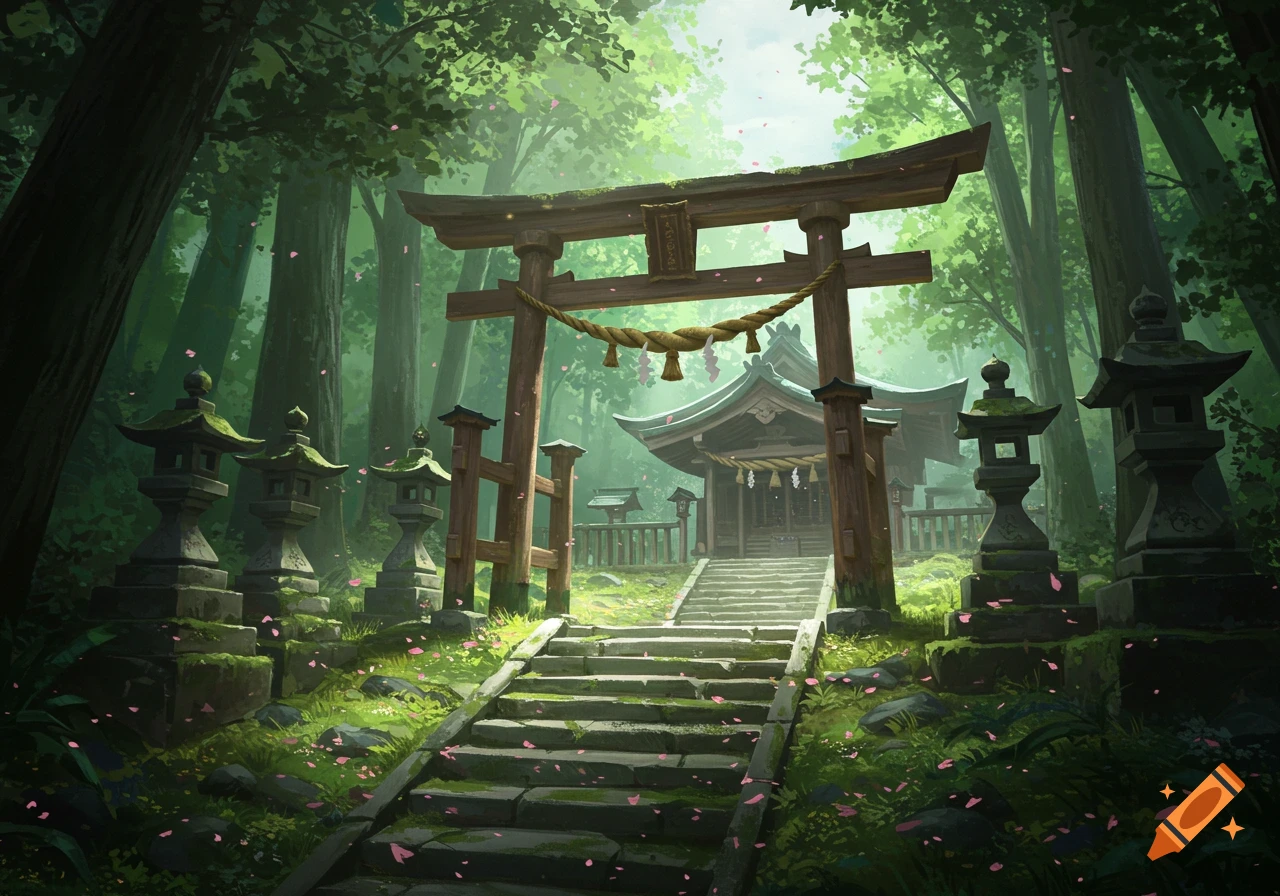 A tranquil fantasy art depiction of a Japanese torii gate and shrine ...