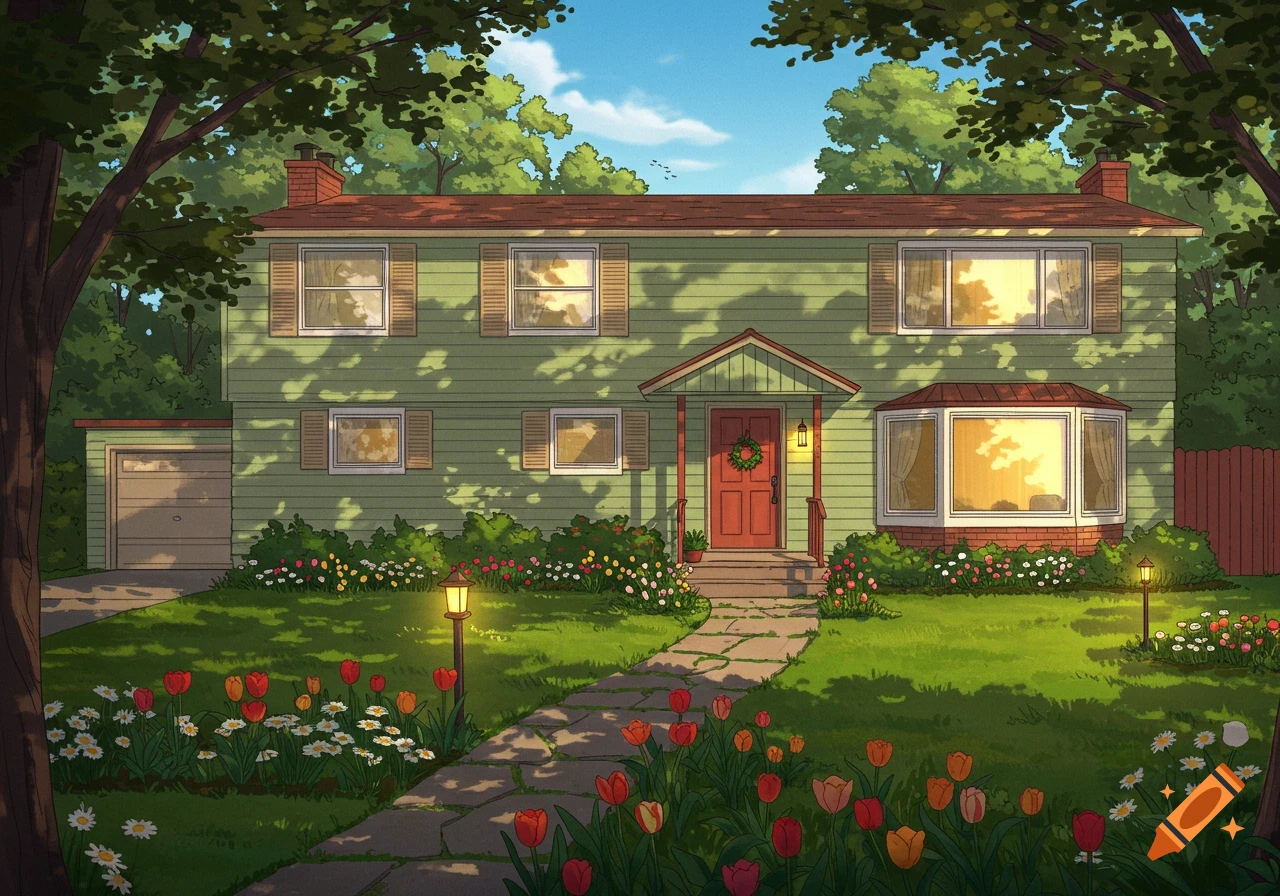 Illustrated green split-level house with a red door, a stone path, and ...