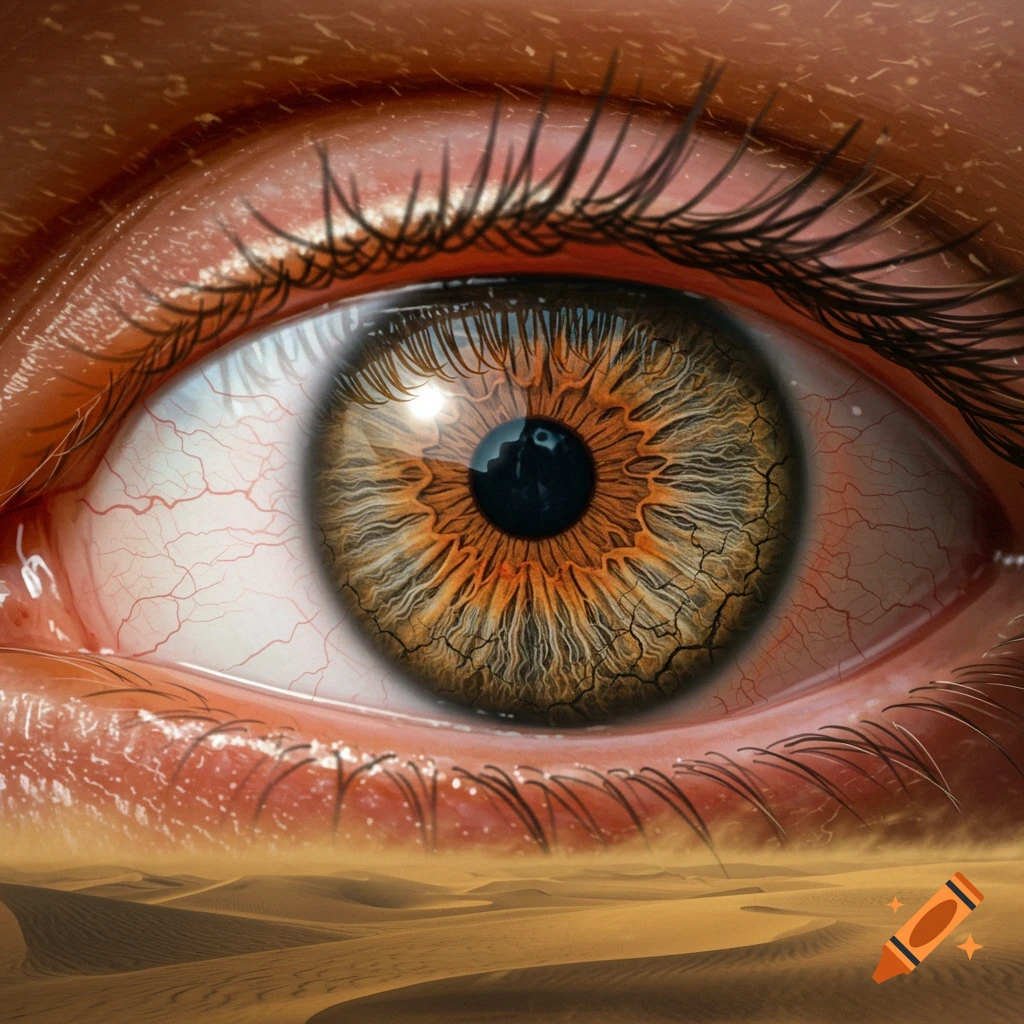 A hyperrealistic close-up of a human eye, with a brown iris textured ...