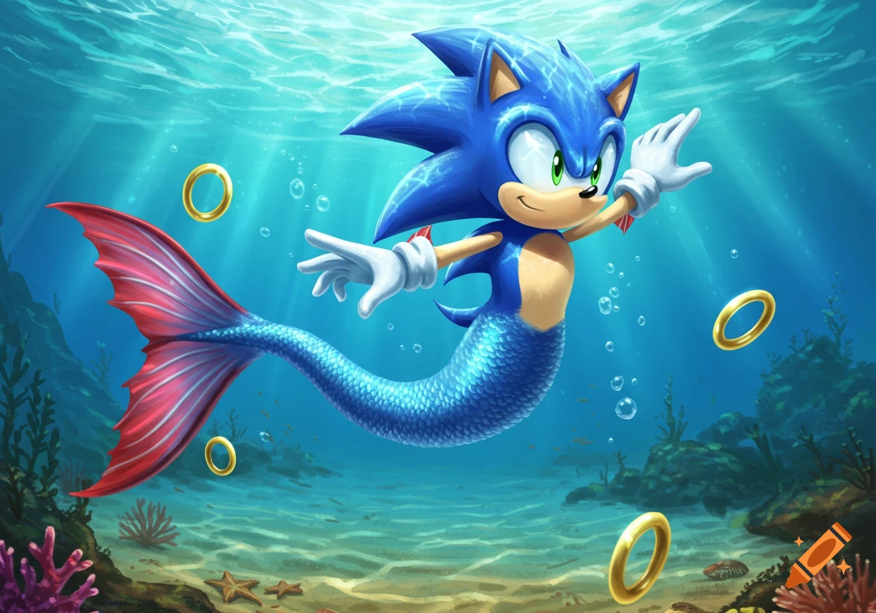 A cartoon illustration of Mermaid Sonic with a blue tail and red fins ...