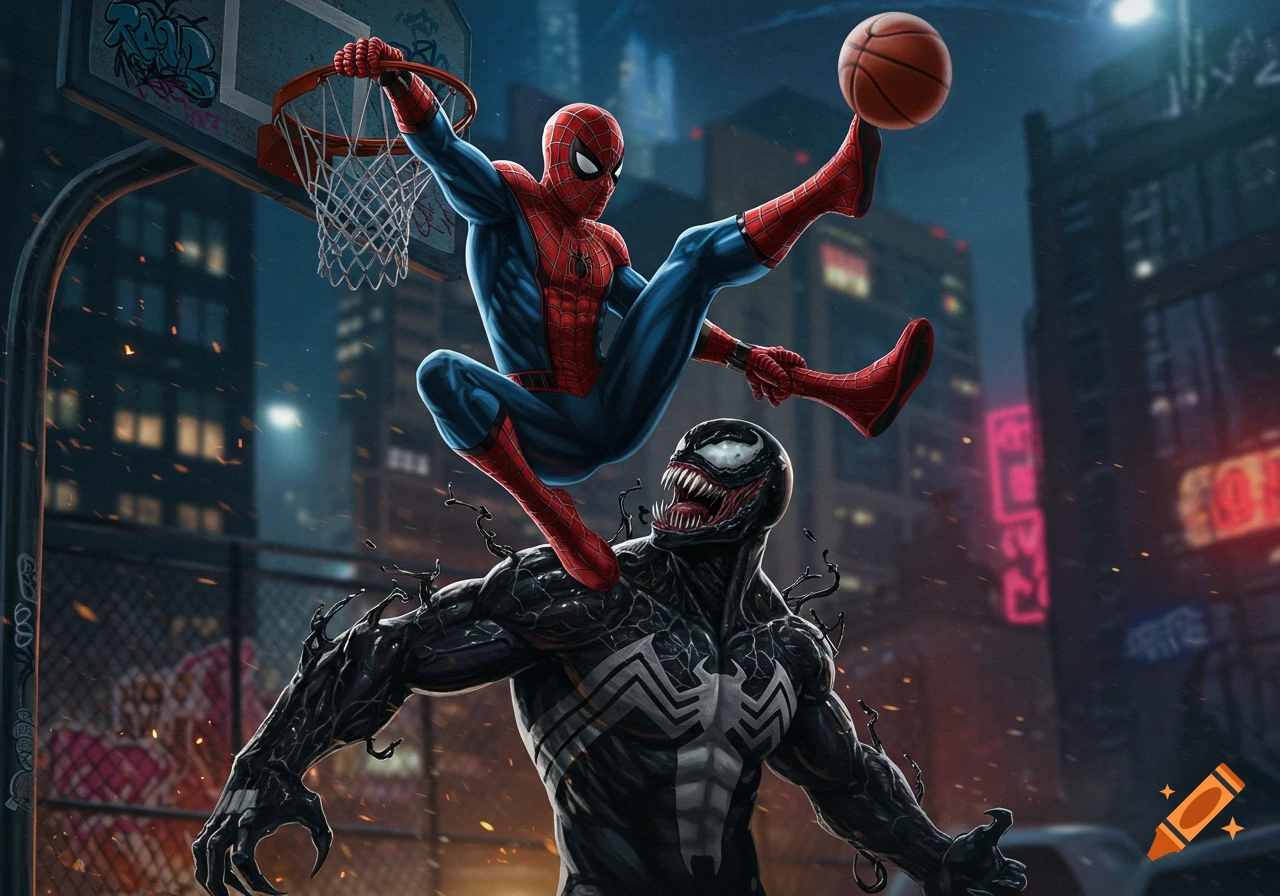 Spider-Man in a red and blue suit dunks a basketball over Venom in a ...