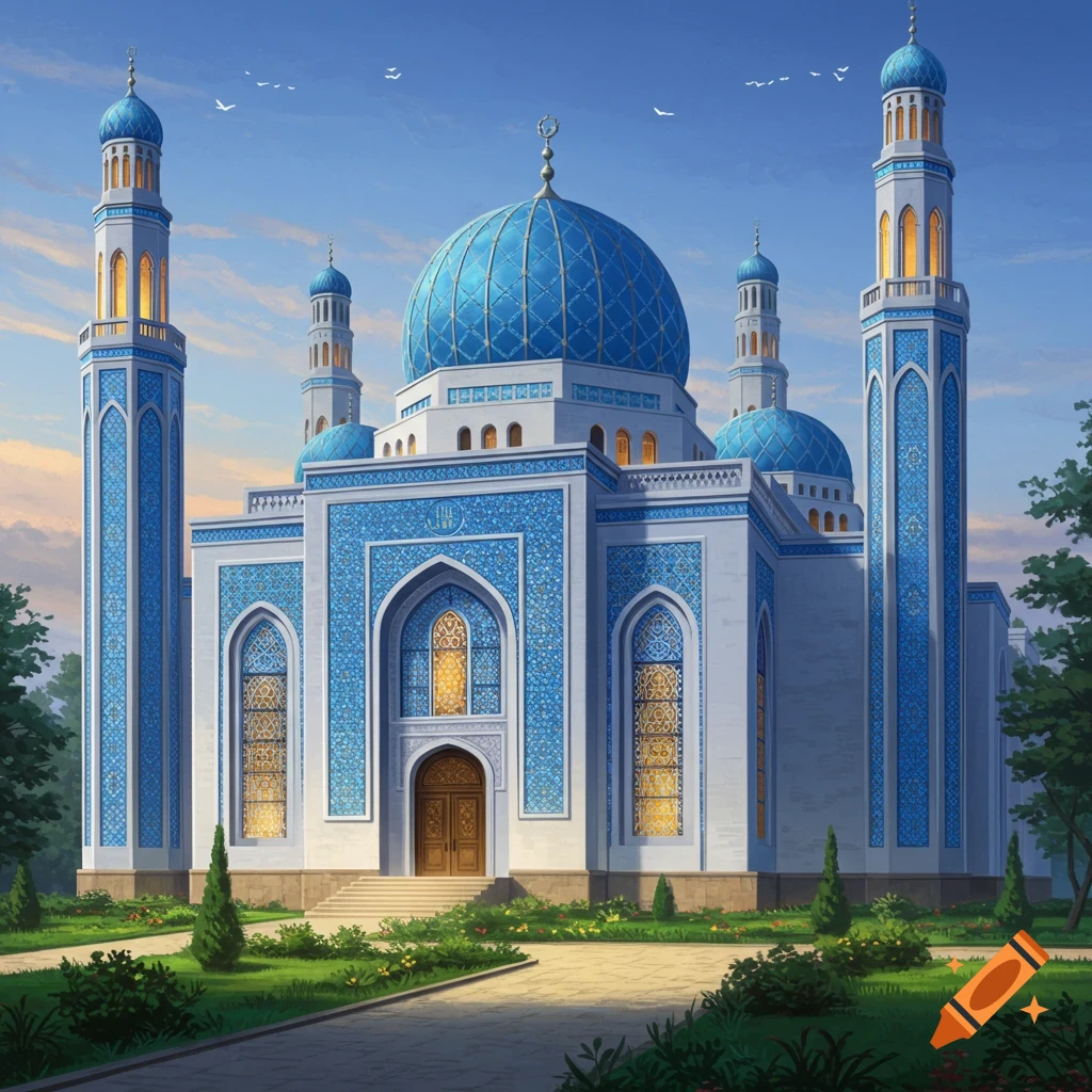 A grand, modern mosque with a large blue dome and four minarets, set in ...