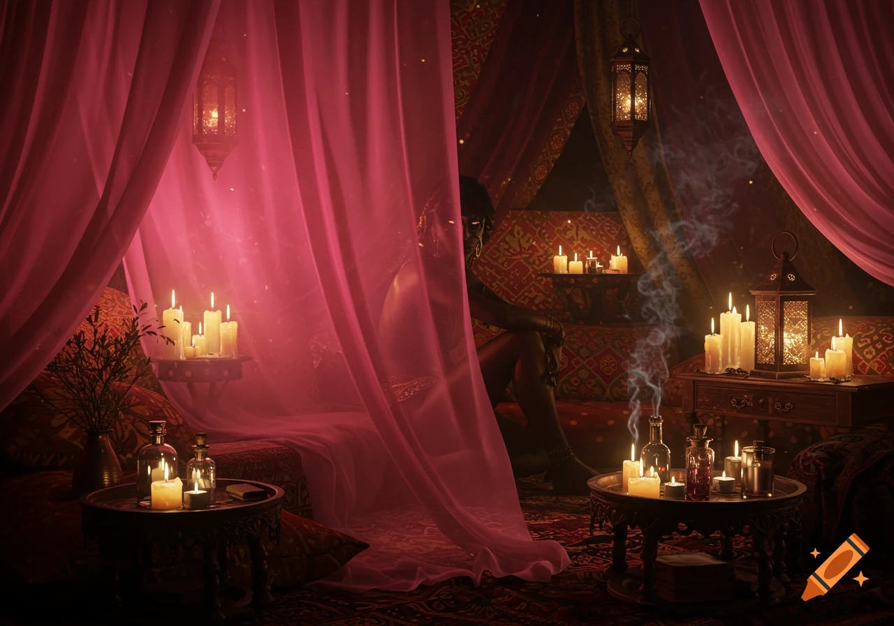 A mysterious silhouetted figure sits behind sheer pink curtains in a ...