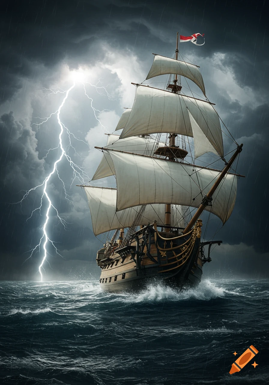 A tall ship with large German flags on its sails and masts battles ...