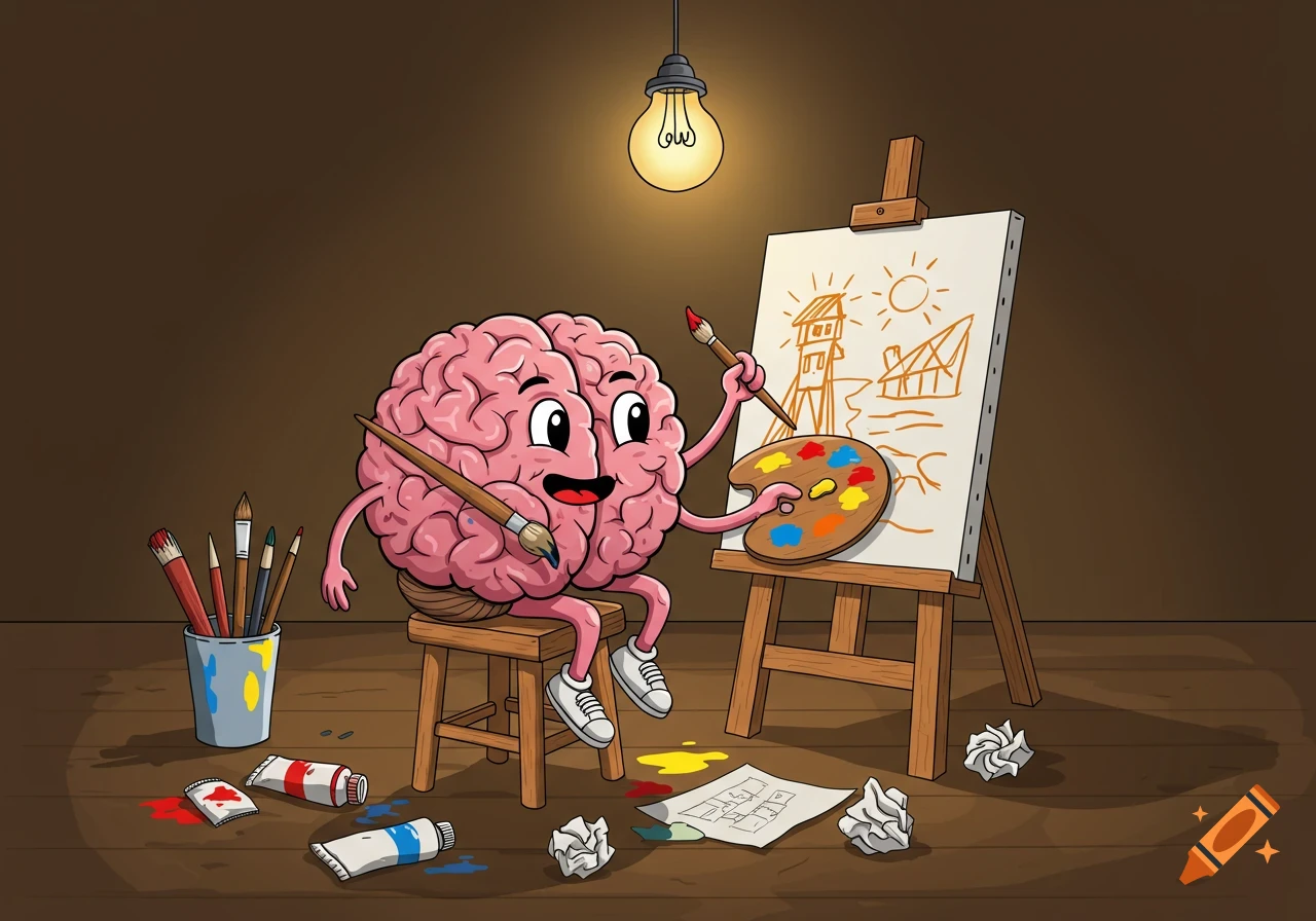 A happy cartoon brain sits on a stool, painting a landscape on an easel ...