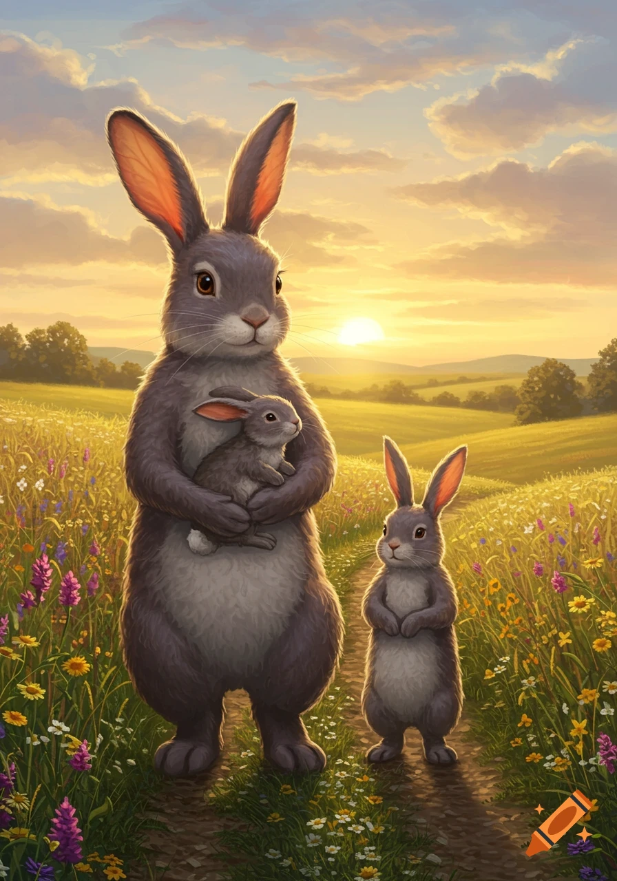 Four fluffy brown and white bunnies sit among green grass and ...